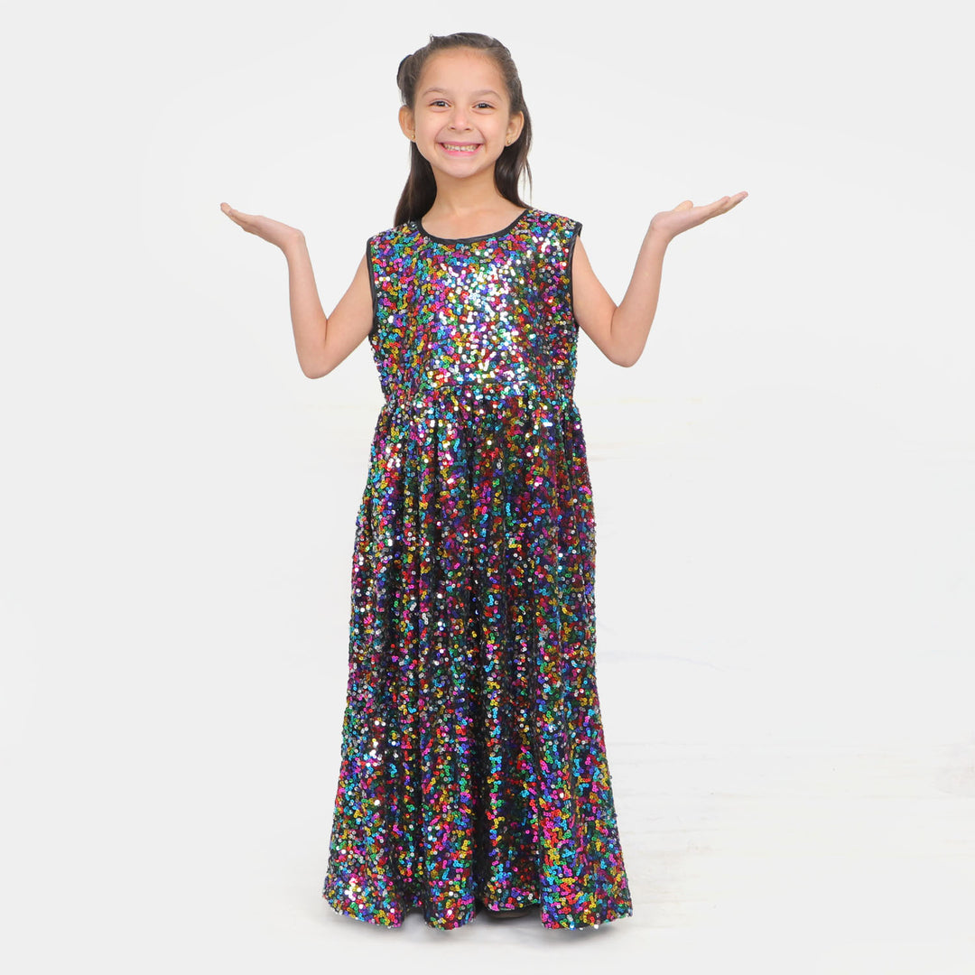 Fashion Girls Sequins Maxi With Velvet Shrug - Black Multi Price in ...