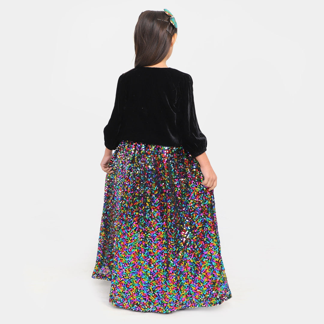 Fashion Girls Sequins Maxi With Velvet Shrug - Black Multi Price in ...