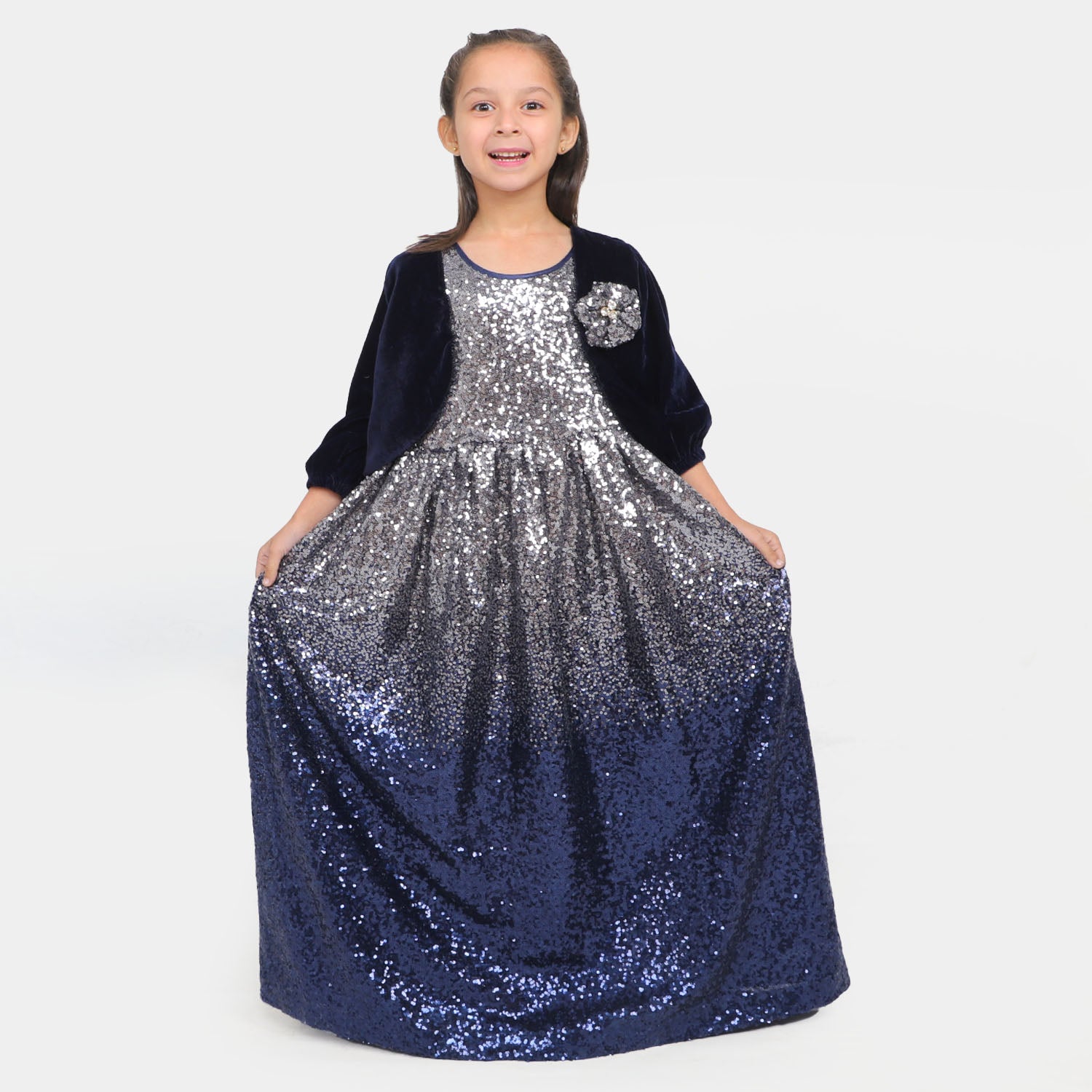 Fashion Girls Sequins Maxi With Velvet Shrug - Navy Silver Price in ...